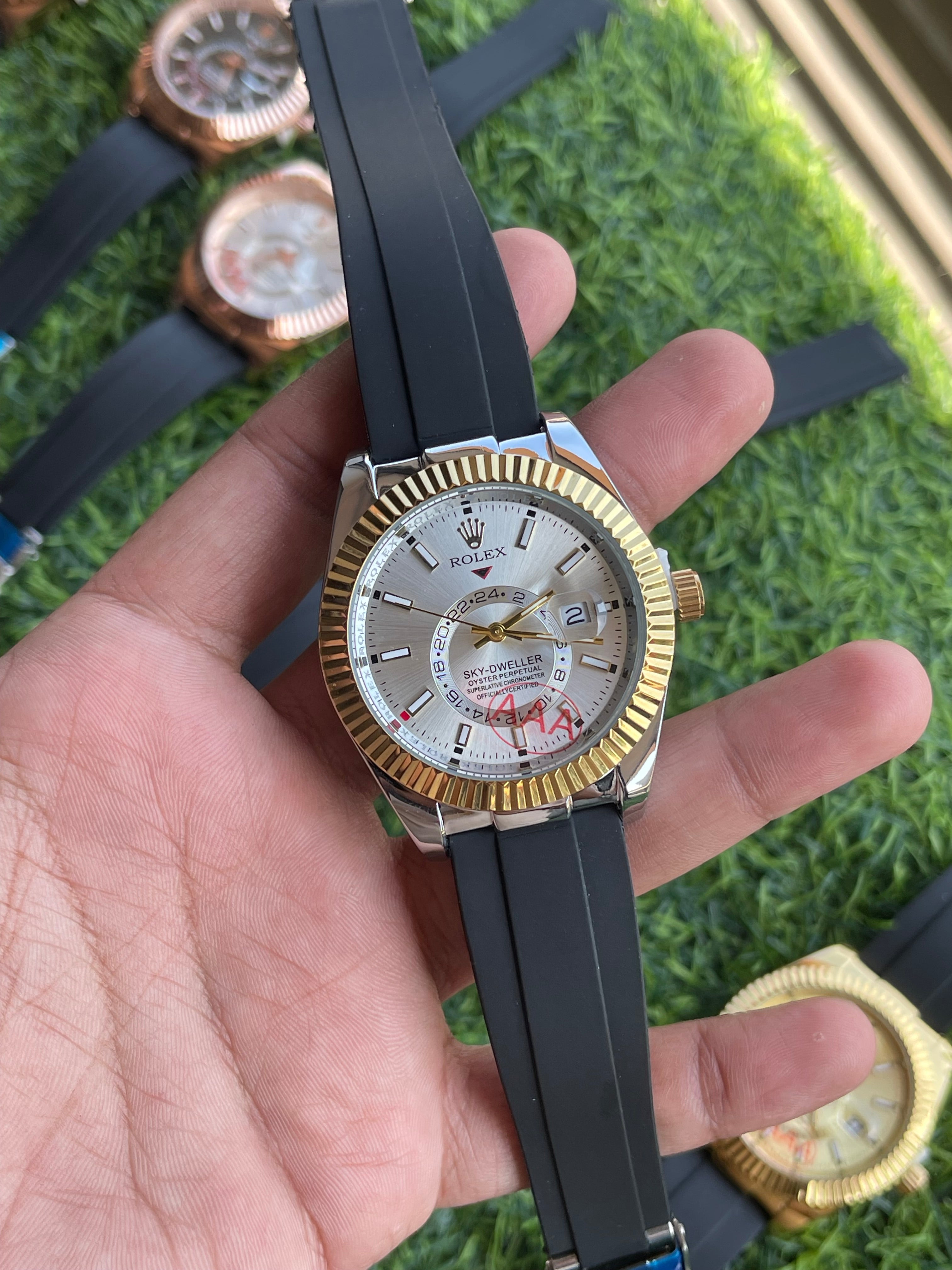RC RLX Sky-Dweller–Style Silver Dial Quartz Watch with Gold Fluted Bez ...