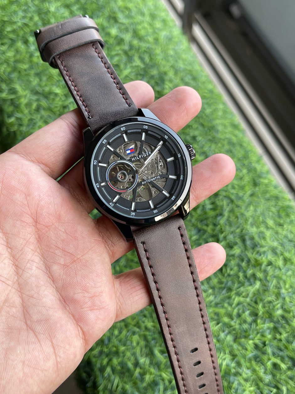 RC Tommy Automatic Skeleton Watch – Brown Leather Strap – Rehan's ...